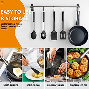 E-far Cooking Utensils Set of 4, Silicone Kitchen Utensils for Non-stick Cookware, Heat Resistant & Non-toxic Slotted Spatula Solid Spoon Turner for Flipping Mixing Serving Basting(Black)