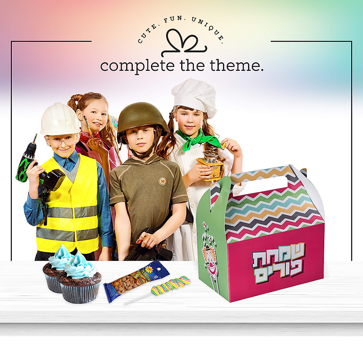 Hammont Paper Treat Boxes -10 Pack- Party Favors Treat Container Cookie Boxes Cute Designs Perfect for Parties and Celebrations 6.25" x 3.75" x 3.5" (Purim/Clown)