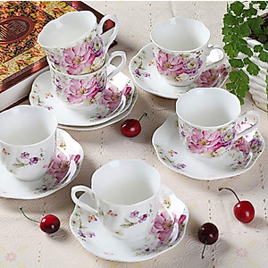 GuangYang GY 12 PCS Tea Set - 7oz New Bone China tea Cups and Saucers with Pink Flower Pattern Porcelain Cups for Mocha Cappuccino Tea and coffee