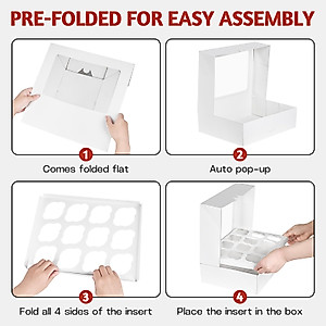 ZORRITA 12 Count Cupcake Boxes, 4 Pack Auto-Popup White Cupcake Containers with Window and Inserts Cupcake Carrier with Holders to Fit Dozen Cupcakes and Muffins