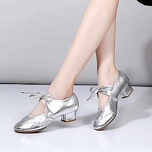 VCIXXVCE Women's Latin Dance Shoes Ballroom Dance Practice Performance Shoes Low Heel,Model 215,Silver 6 B(M) US