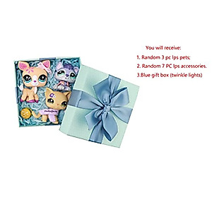 LPS Gift Box, Random 3 pc LPS Pet Figure Toy with Random 7 PC LPS Accessories Pack Blue Surprise Box Random LPS Cat Dog Kids Xmas Birthday Gift Set