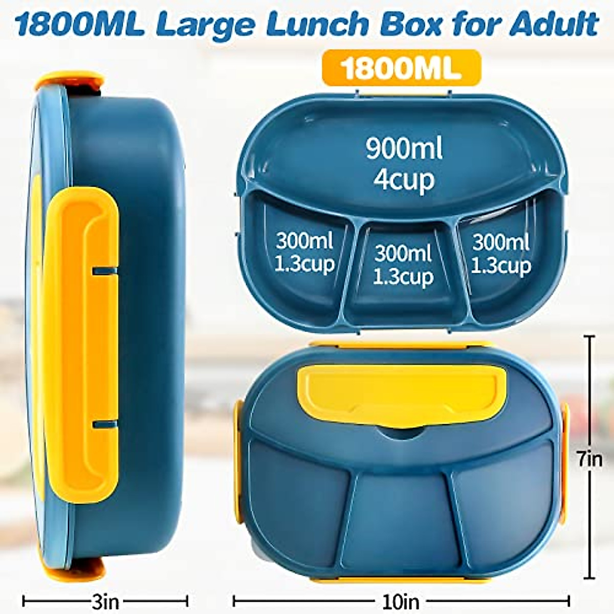 Tsmsv 1800ML Bento Box Adult Lunch Box,Adult Bento Box,Lunch Box Containers,Lunch Containers for Adults,Bento Boxes,Bento Lunch Box for Adults,Bento Box Accessories with Fork,Cake Cups,Sauce Cup-Blue