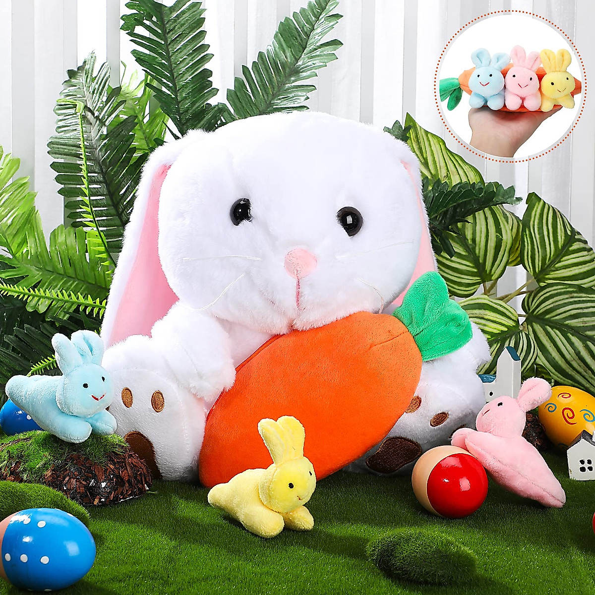 Easter Bunny Stuffed Animals with 3 Bunnies in a Carrot Rabbit Decor 10 Inches Easter Rabbit Plush Soft Cute Bunny Plush Toys Desktop Decoration for Boys and Girls Holiday Birthday Gift(Bunny)