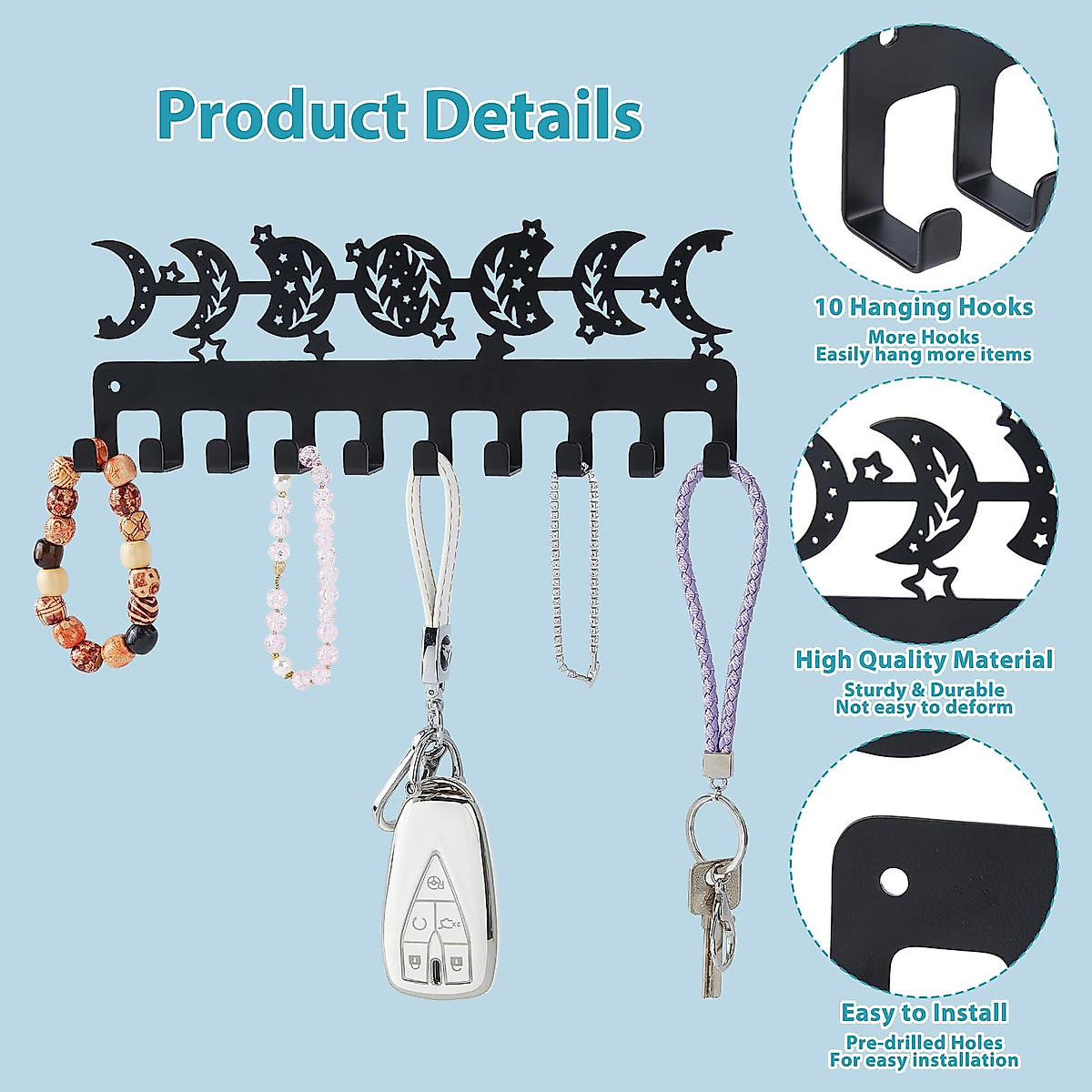 SUPERDANT Moon Phase Key Holder Moon Wall Decor Jewelry Holder Wall Hanging Hooks Metal 10 Hooks Key Holder Wall Moon Decorative Gothic Decor for Bedroom Keys Hangers Mug Purse Jewelry