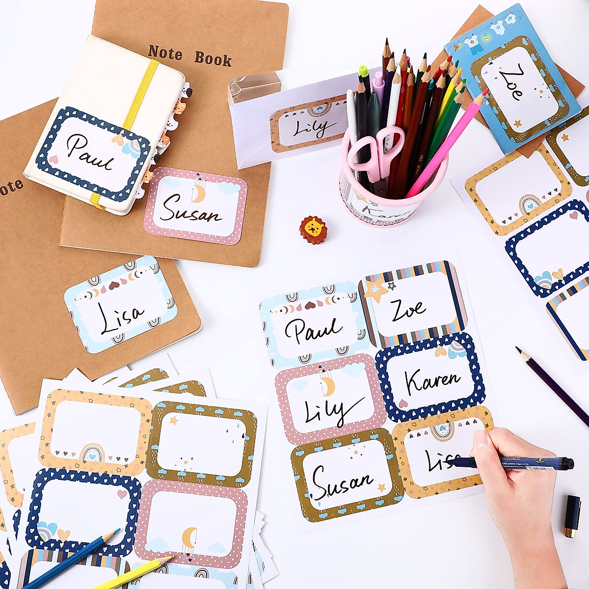 Nezyo 144 Pieces Rainbow Name Tag Stickers for Kids Students Rainbow Adhesive Name Stickers Tag Desk Labels in 6 Designs for Classroom School Office, 3.5 x 2.5 Inches (Modern Style)