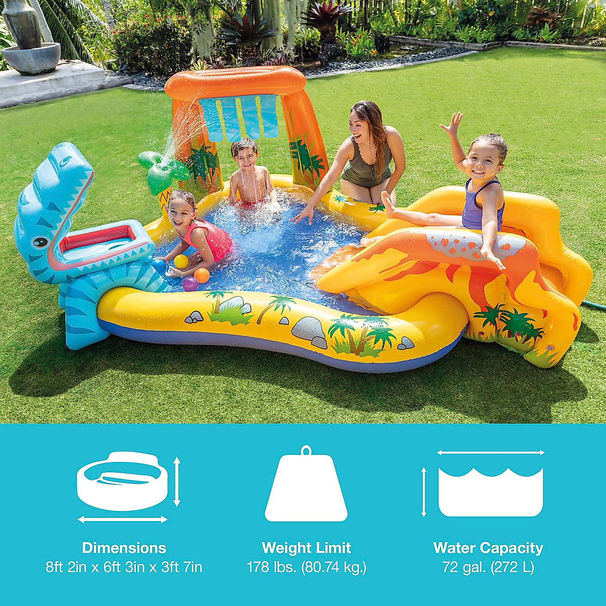 Intex Inflatable Dinosaur Play Center Outdoor Playhouse Inflatable Water Park with Kid Pool Slide, Water Sprayer, Waterfall, and 6 Balls, Multicolor