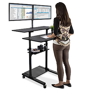 Mount-It! Mobile Computer Cart, Portable Desk on Wheels - 40" Wide Tabletop, Height Adjustable Workstation up to 64" Tall with Dual Monitor Mounts up to 72", Rolling Computer Desk, Screens 27", Black
