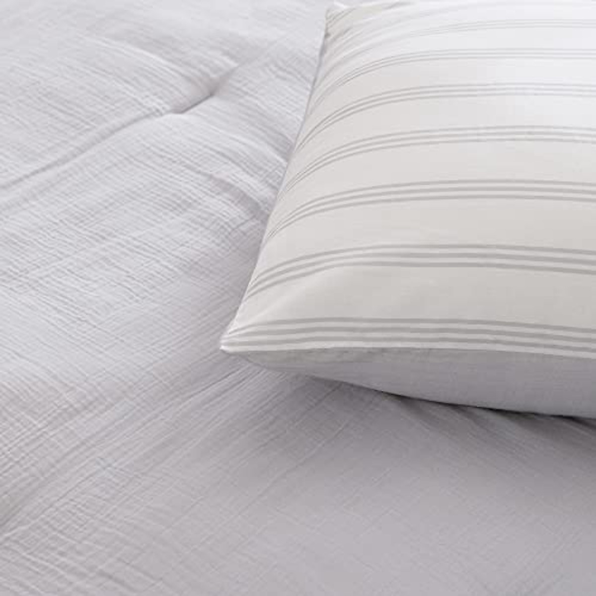 SHALALA Light Grey Cotton Gauze Lightweight Comforter Bedding Sets, Light Grey Comforters for King Bed, 7pcs Soft Warm Bed Sets with Comforter Set and Gray Striped Sheet Sets