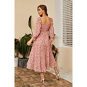 R.YIposha Women's Summer Bohemian Dress Puff Sleeve Ruffled Floral Print Casual Off Shoulder Long Dress,4-6,Pink
