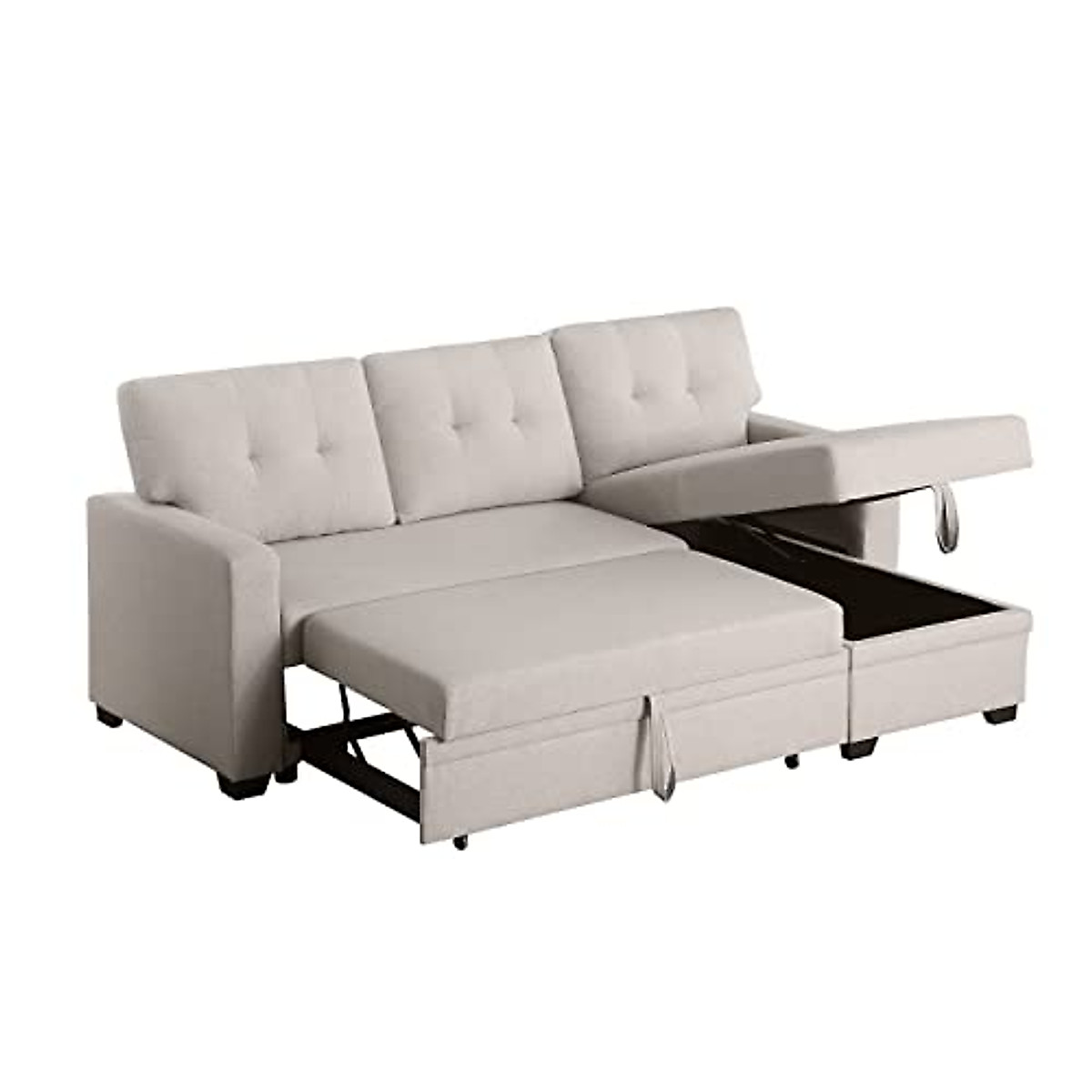LOVMOR 82 inch L-Shape Sofa Sectional Couch Convertible Sleeper with Storage Chaise and Pull-Out Bed, Linen Upholstered Reversible Corner 3 Person Couch, for Living Room, Apartment