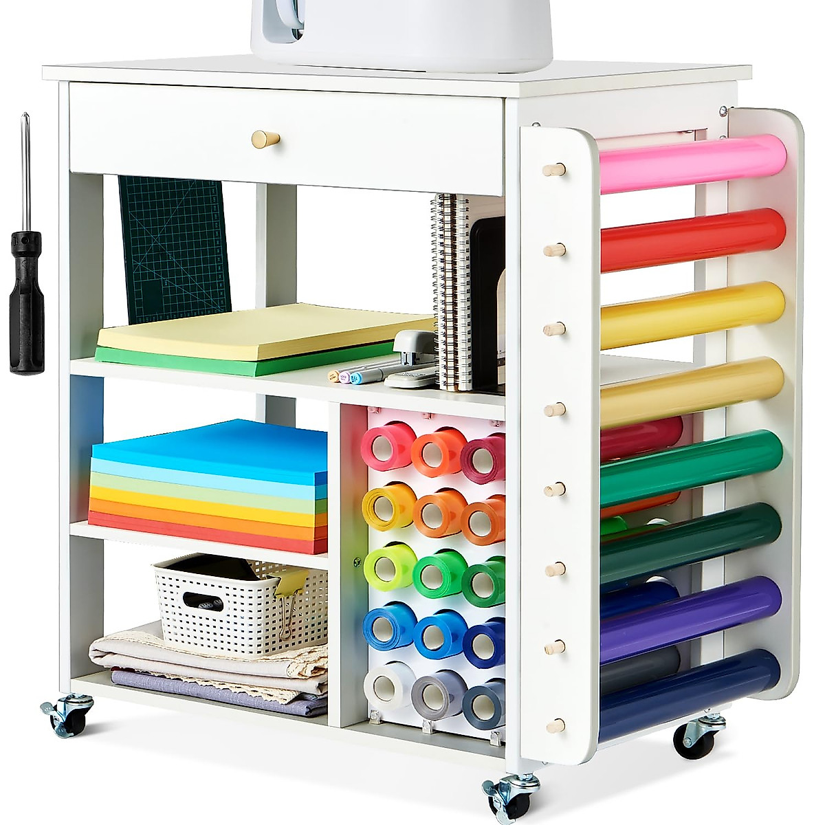 Rolling Cricut Craft Storage, Mobile Cricut Vinyl Organization Storage with 23 Vinyl Roll Holder, Craft Table Stand with Wheels, Crafting Cabinet Workstation with Large Drawers for Room Home Office