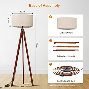 LEPOWER Wood Tripod Floor Lamp, Mid Century Standing Lamp, Modern Design Studying Light for Living Room, Bedroom, Study Room and Office, Flaxen Lamp Shade with E26 Lamp Base