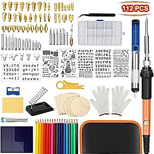 112Pcs Wood Burning Kit,60W Pyrography Pen Set with Adjust Temp Switch 200~450 ℃, Wood Burner Tool-Embossing,Carving,Soldering Tips,Stencils,Pencils,Christmas Stocking Stuffer Gifts for Men Adults Dad