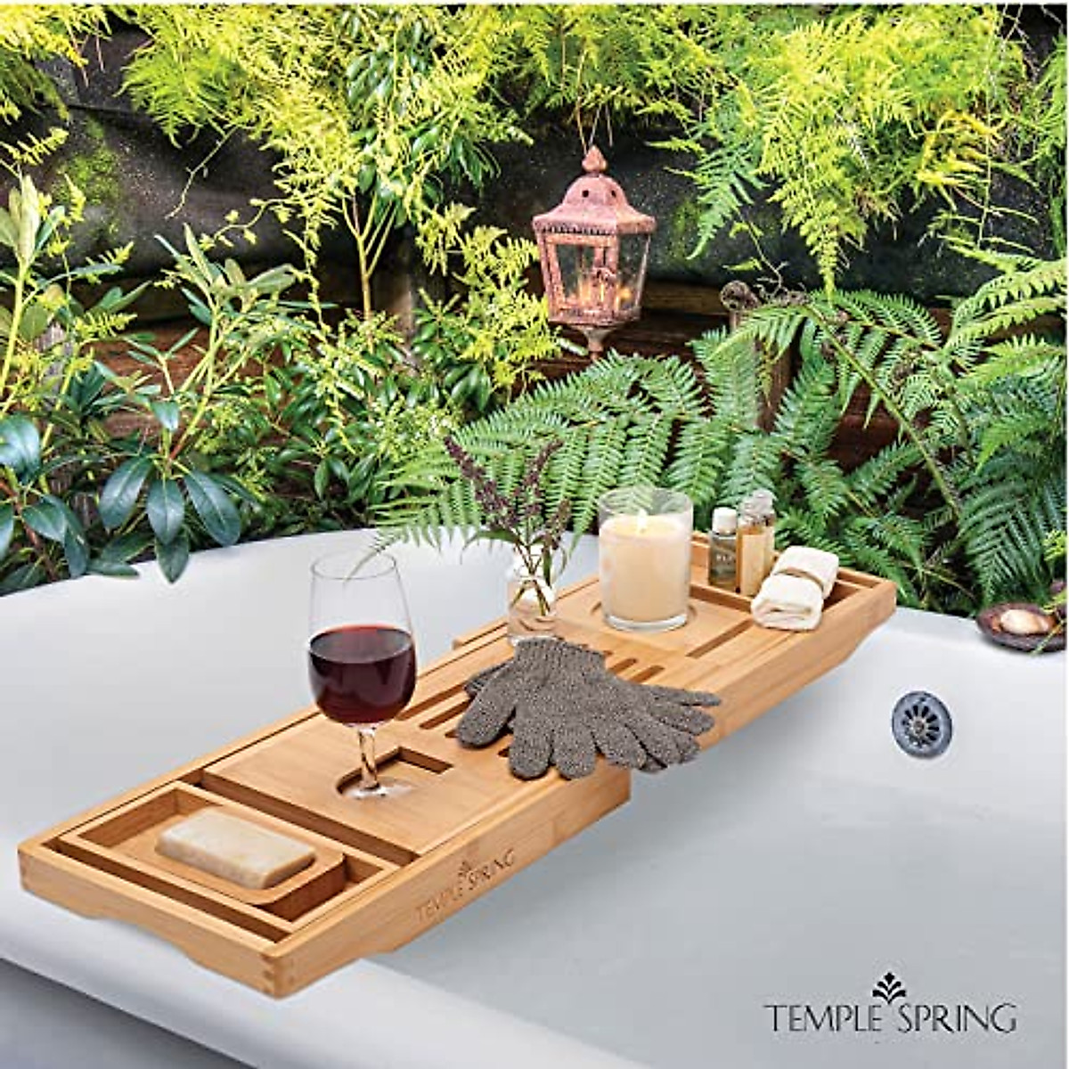 Temple Spring Bath Caddy - Extendable Bath Tray for Bathtub with Candle, Wine Glass, Book, iPad & Phone holders - Adjustable Bath Table shelf over tub with bathroom accessories - (Bamboo Natural Wood)