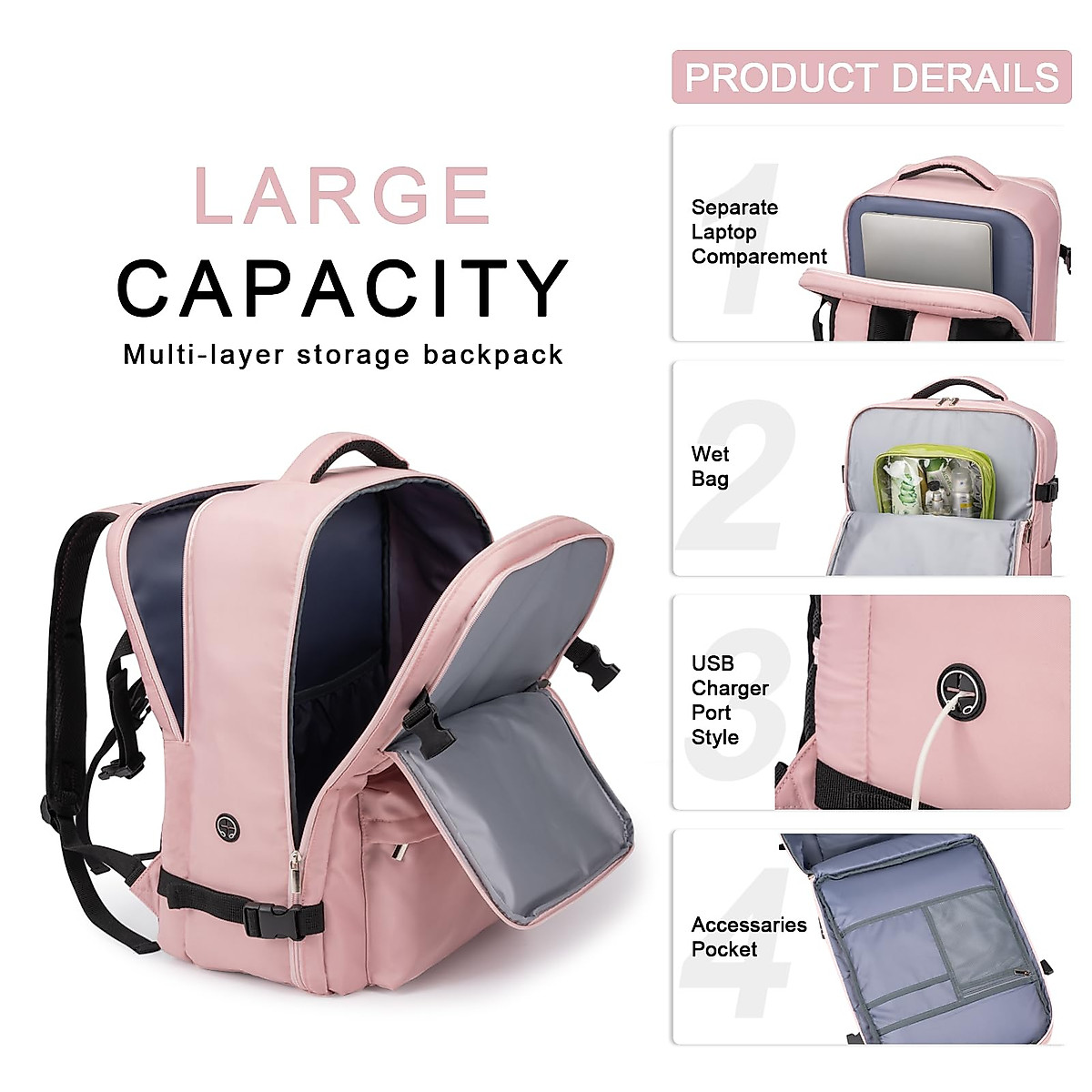 BAFAMYE Travel 17" Laptop backpack personal item size,TSA Friendly Carry-on Backpack Airline Approved Women Men,Waterproof Durable Business Backpack with USB Charging Port,Weekend backpack-Pink