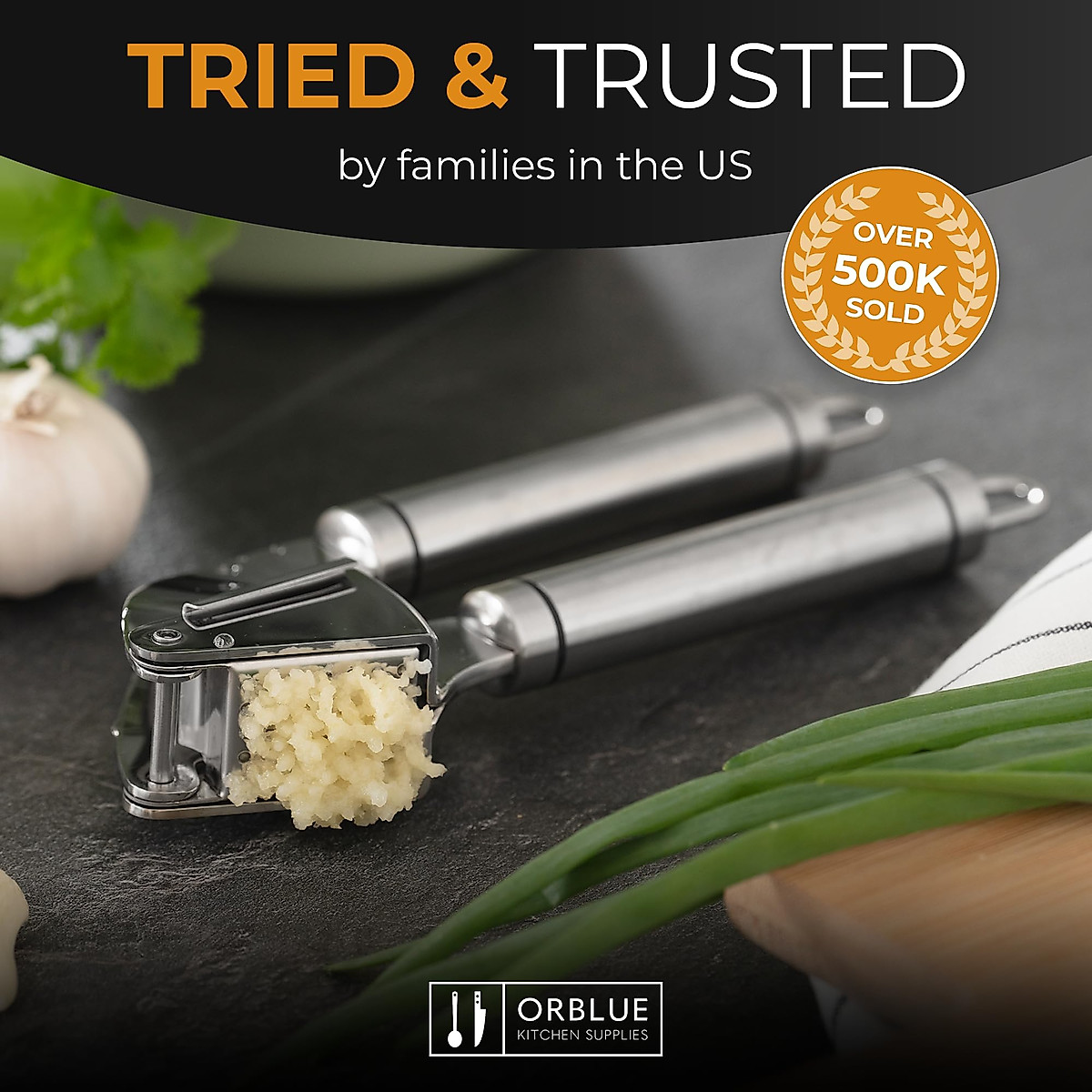 ORBLUE Garlic Press Stainless Steel - Premium Professional Grade Garlic Mincer, Crusher & Peeler Set - Easy Clean, Dishwasher Safe & Rust-proof