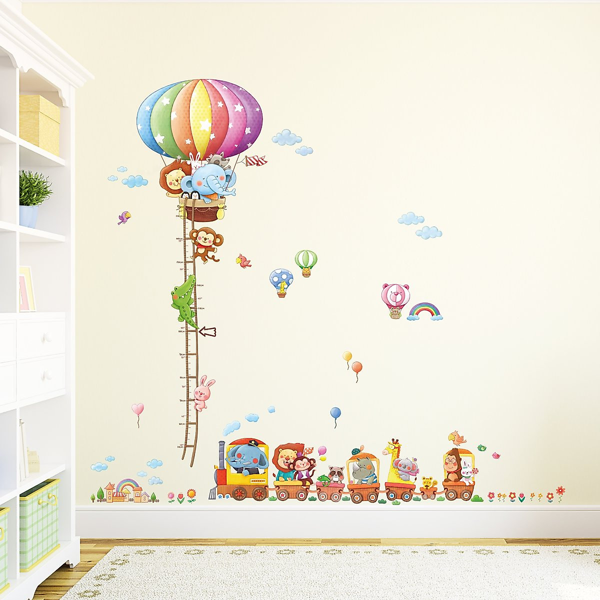 DECOWALL DA-1606N1406A Animal Hot Air Balloon Height Growth Chart and Train Kids Wall Stickers Wall Decals Peel and Stick Removable Wall Stickers for Kids Nursery Bedroom Living Room d?cor