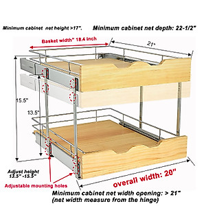 DINDON 2 Tier Pull Out Cabinet Organizer (20" W x 21" D) Slide Out Wood Shelf Double Tier Kitchen Wire Basket with Chrome Finish…