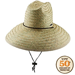 Panama Jack Lifeguard Sun Hat - Palm Fiber Straw, 5" Bound Big Brim, Chin Strap with Toggle, Logo Badge (Natural, One Size Fits Most)