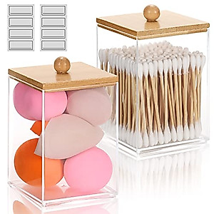 Qtip Holder Dispenser, Apothecary Jars with Lids, Acrylic Cotton Ball Holder - Q Tip Holder Apothecary Jars Clear Container Dispenser for Cotton Swab, Cotton Round Pads, Floss (2Pack Square Jars)