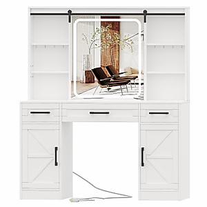 Irontar Farmhouse Makeup Vanity Desk with Sliding Mirror & Charging Station, Vanity Table with Lights & Hidden Storage Shelves, Makeup Desk with 3 Drawers and 2 Cabinets, White WDT009W