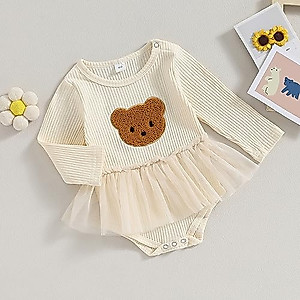 Kuriozud Baby Girls Mesh Romper Dress Bear Pattern Long Sleeve Jumpsuits for Newborn Infant Toddler Cute Clothes (Milky White, 12-18 Months)