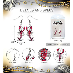 Aqua79 Red Lobster Silver Dangle Earrings - Fashion Jewelry Rhinestone Earring Hook Silver Jewelry, Zinc Alloy Fish Hook Earrings, Cute Earrings Perfect Summer Accessories for Women - 1 Inch