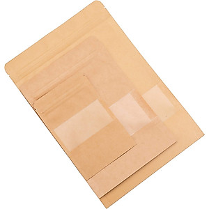 Kingrol 150 Count Kraft Paper Bags with Resealable Lock Seal Zipper &Transparent Window, Stand Up Food Bags, 3 Size - 3.5 x 5.5 Inch/5.5 x 8 Inch/7 x 10.25 Inch