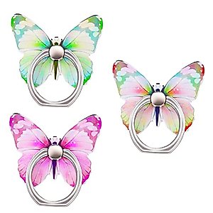 TIESOME Cute Buttery Phone Stand Holder, 3 Pcs Butteryfly Cell Phone Ring Stand Holder 360°Rotation Metal Kickstand Compatible with Most Smartphones Hand Grip with Knob Loop(Green, Pink, Yellow)