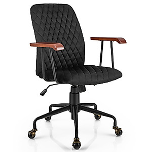 Giantex Home Office Desk Chair Black, Vintage Adjustable Swivel Rolling Chair with Copper Wheels & Armrest, Mid Century Leisure Chair, Velvet Upholstered Computer Chair for Work, Study