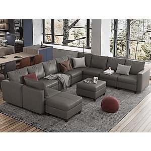 EASE MOOSE Convertible Modular Couch U Shaped Sofa with Storage Seat, Faux Leather Modular Sectional Sofa Oversized Sleeper Sofa with Reversible Chaises, Grey