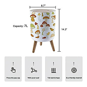 IKFLWJUTFW Small Trash Can Lid 70s Retro Mushroom Seamless Groovy Vintage Floral Repeat Fungi 7 Liter Round Garbage Can Elasticity Press Cover Lid Wastebasket Kitchen Bathroom Office 1.8 Gallon