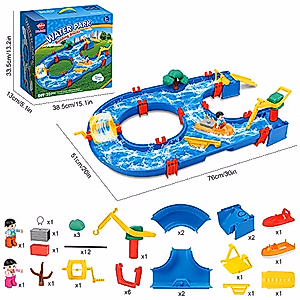VATOS Water Toy for Kids,39pcs DIY Mini Water Park Building Blocks Toy on Table or Lawn,Beach, Waterway Playset with 2 Boats, for Kids in Summer Outdoor Backyard