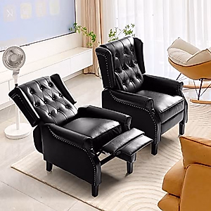 LEISLAND Leather Recliners for Small Space, Tufted Arm Chair Sofa, Leather Accent Chair for Reading, Living Room and Bedroom (Black)