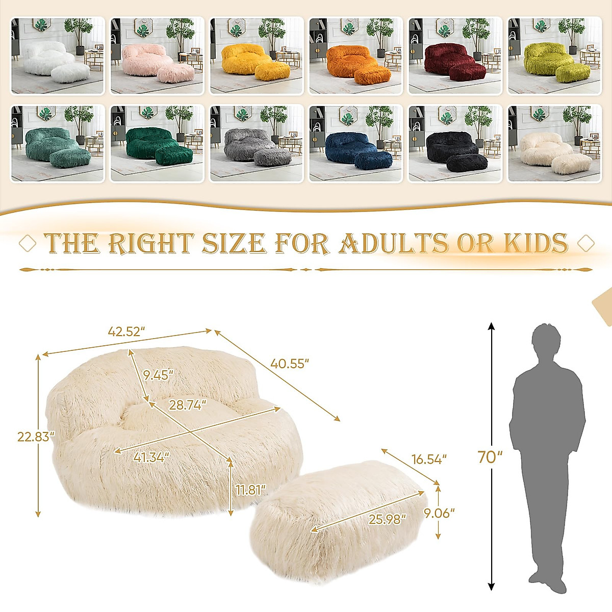 Fluffy Bean Bag Chair with Ottoman, Comfy Bean Bag for Adults and Kids, Ultra Soft Lazy Sofa Chair with Memory Sponge, Indoor Modern Accent Beanbag Chairs for Living Room, Bedroom, Apartment, Beige