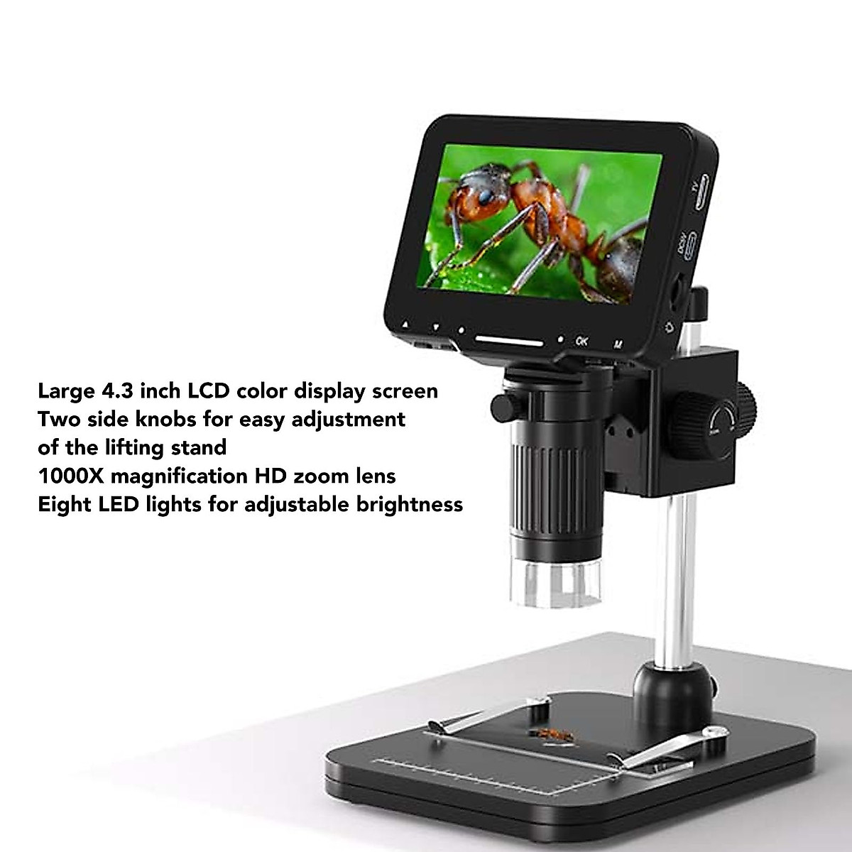 LCD Digital Microscope, 1000X Biological Microscope with 4.3in HD LCD Screen, 8 LED Lights Coin Microscope Camera,for Win XP, for Win7, for Win8.1, for Win10, for OS X10.5