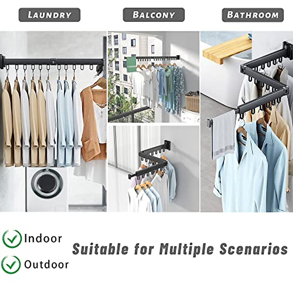 WSIGHT Wall Mounted Drying Rack Laundry Clothes Hanging Rack Collapsible Retractable for Laundry Room Organization, Balcony, Wardrobe, Bathroom (3 Poles)