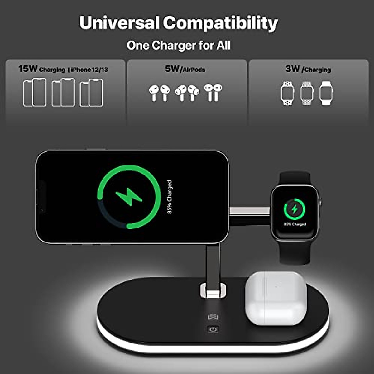 3 in 1 Aluminum Alloy Magnetic Wireless Charger for Magsafe Charger Stand GREENLEMON Fast Wireless Charging Station for iPhone 14 13/12 Series Apple Watch Airpods with LED Lamp 18W Adapter Black