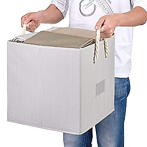 i BKGOO Foldable Storage Cube Bins Beige-White Bamboo Fabric Collapsible Resistant Basket Box Organizer with Cotton Rope Handle for Home Office and Nursery 13x13x13 inch