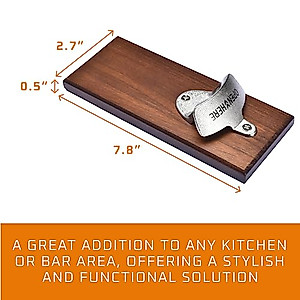 Bruntmor Wall Mount Bottle Opener - 7.87" x 2.75" x 0.55" Portable Mountable Beer Opener - Wooden Magnetic Beer Cap Catcher - Auto-Catch Cap Function & Space-Saver - Vintage Beer Caddy for Men & Dad