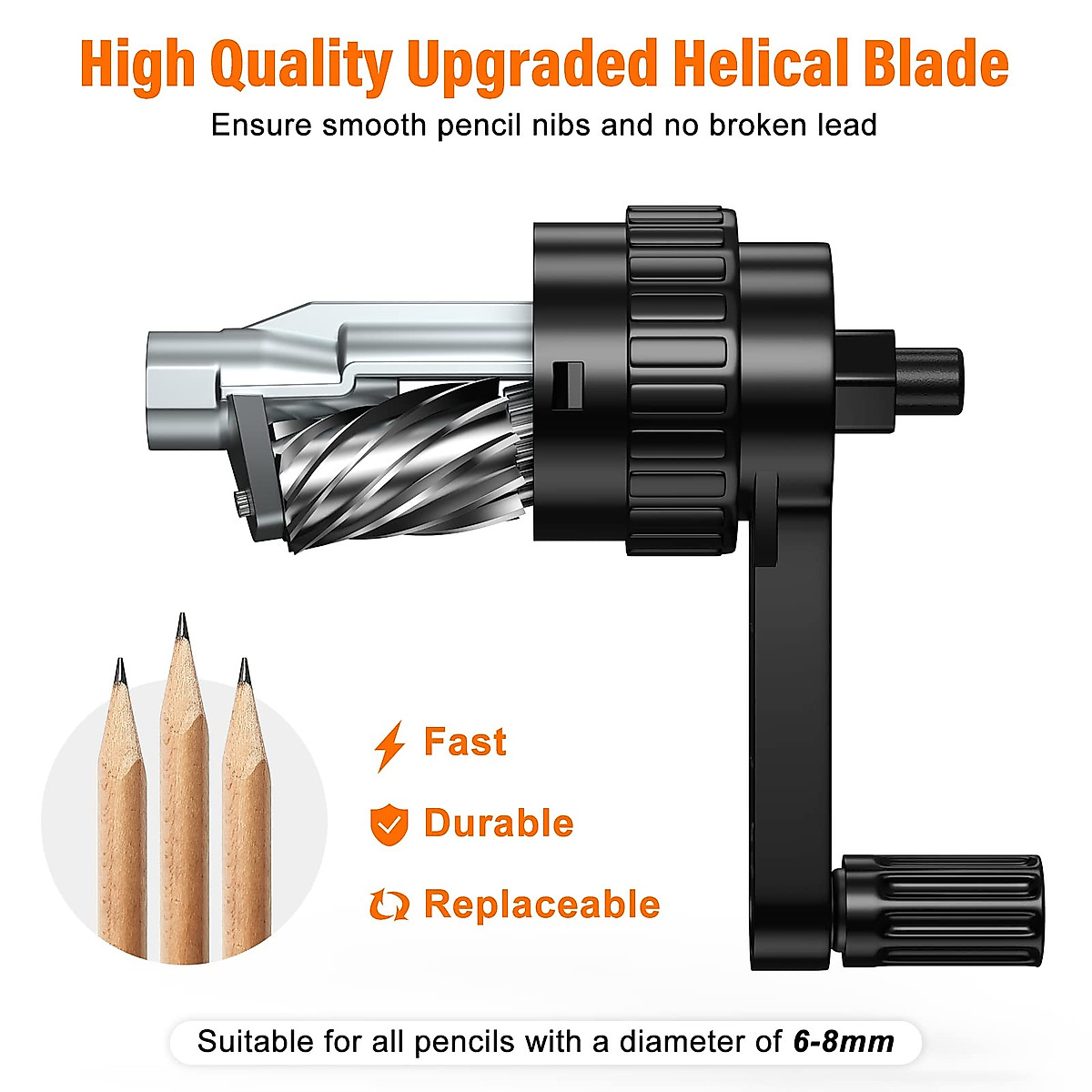 Pencil Sharpener Black, Manual Pencil Sharpener with Stronger Helical Blade to Fast Sharpen for Kids, School, Classroom, Home, Artists, Ideal for No.2/Colored/Art Pencils