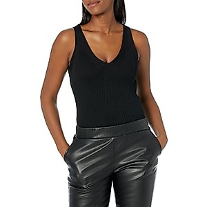 KARL LAGERFELD PARIS Women's Ribbed V-Neck Tank Top, Black, Large