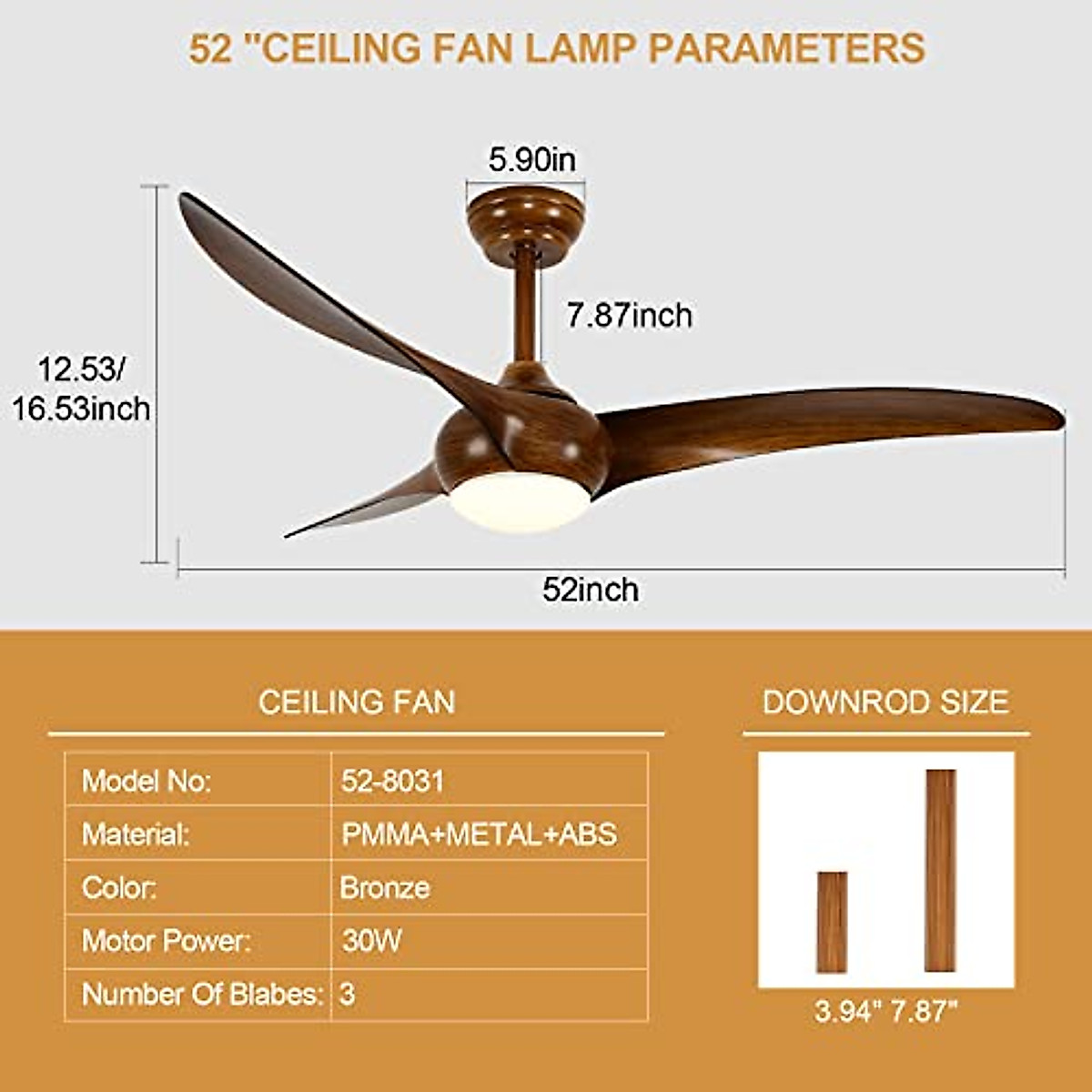ARONKID 52 Inch Wave Design Ceiling Fan with Lights, Indoor and Outdoor Ceiling Fans with Remote,Dimmable (3000K-6000K), 3 Plywood Blades,Reversible,Walnut