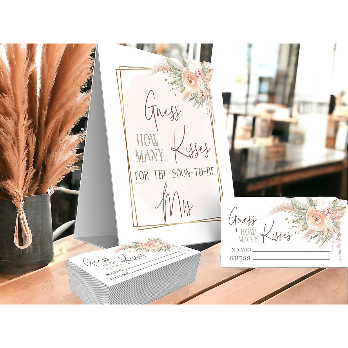 Your Main Event Prints Boho Pink Gold Pompas Grass How Many Kisses Game Sign and Cards Great For Bridal Showers and Weddings, Floral