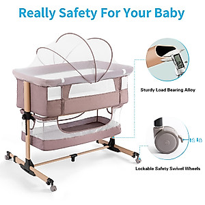 Lamberia Baby Bassinets Bedside Sleeper, Adjustable Bassinet for Baby with Wheels, Easy Folding Portable Crib for Baby, Khaki