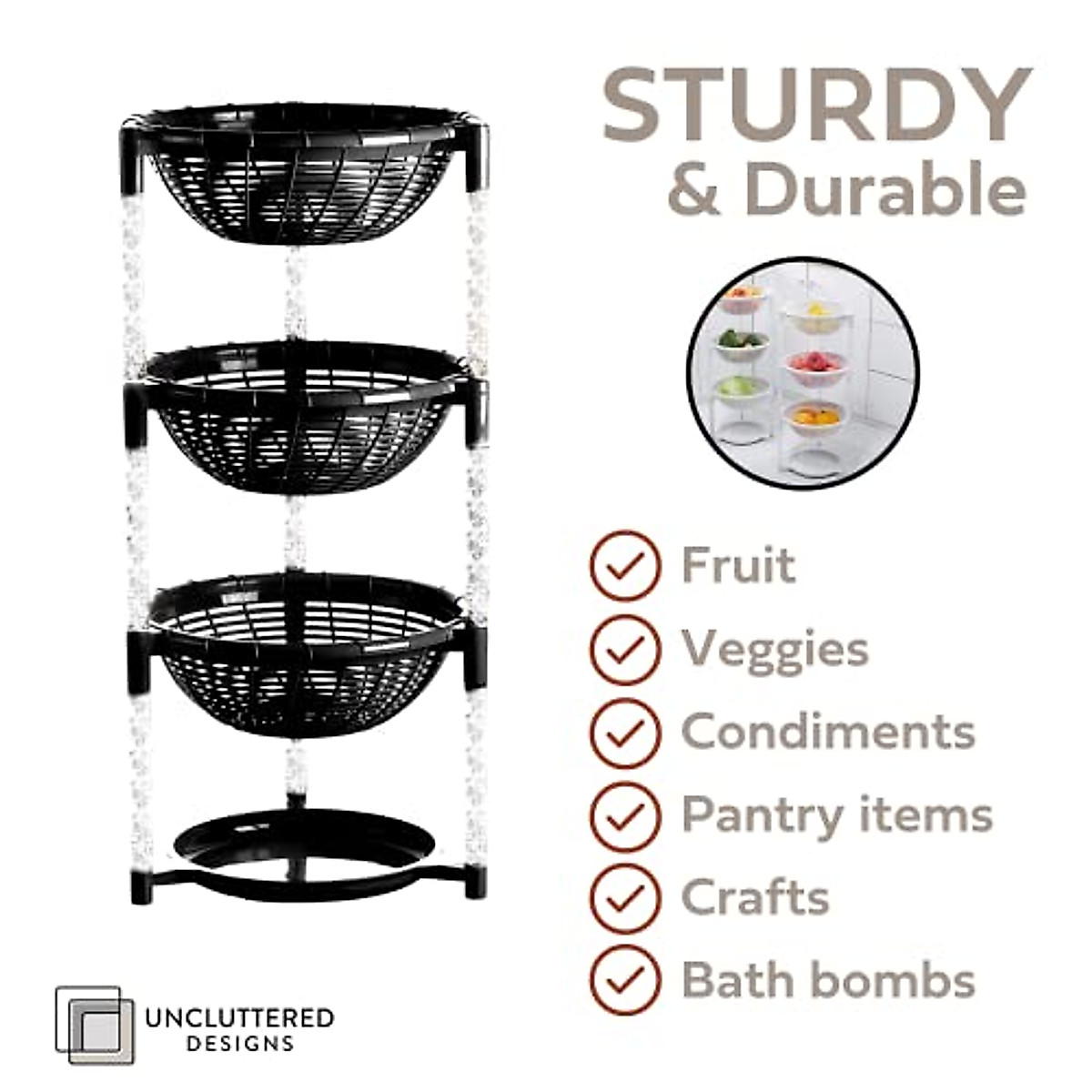 Uncluttered Designs Stacking Basket Bins (3 Tier + Plate) — Display for Fruit, Potato, Onion & Produce — Crafts, Art Supplies & Housewares Organizer — Bedroom & Bathroom Organization & Storage (Black)