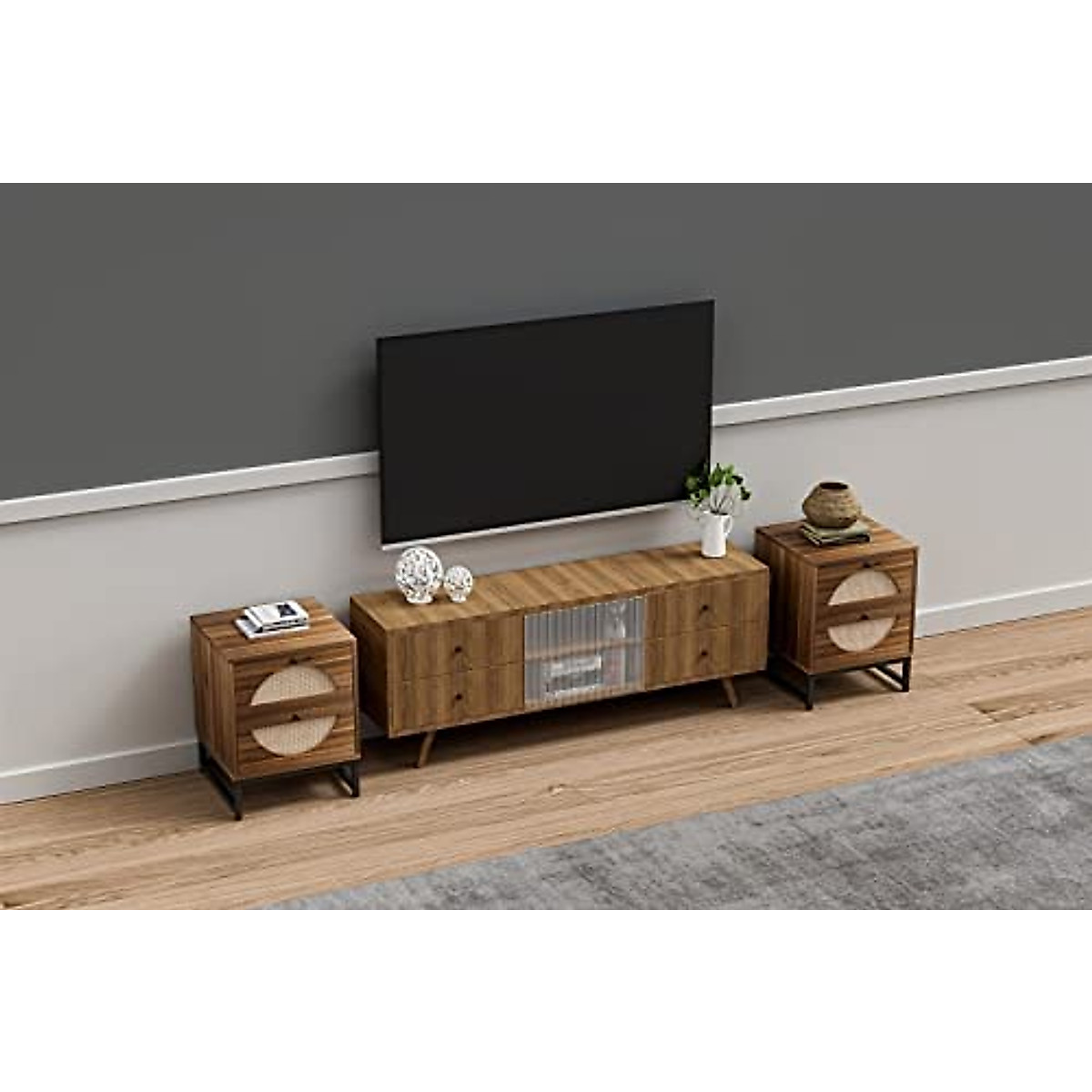 SeokIljin Rattan Nightstand,2 Drawer Side Table,Metal Legs,Bottom Hollow-Out Design,Easy Cleaning,Display Rack for Bedroom and Living Room