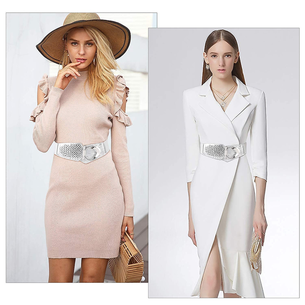 JASGOOD Women's Fashion Vintage Wide Elastic Waist Belt with Rivets Studs, E-Grey, Fit Waist 34"-40"