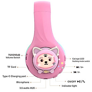 Riwbox Kids Headphones, CB-7S Cat Kids Toddler Headphones with LED Light, 75/85/95dB Volume Limited, Kids Bluetooth Headphones with Mic for School/Tablet/Girls (Pink)